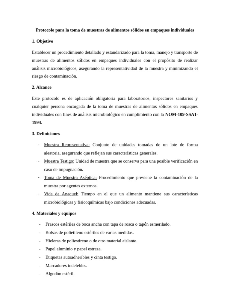 Protocolo de Toma de Muestras de Alimentos | PDF | Laboratorios | Alimentos