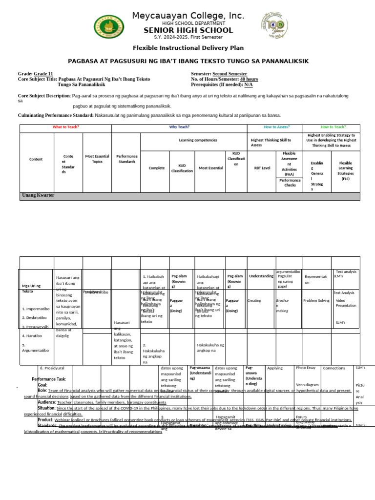 Flexible Learning Plan for Grade 11 Texts | PDF | Education Theory | Intelligence
