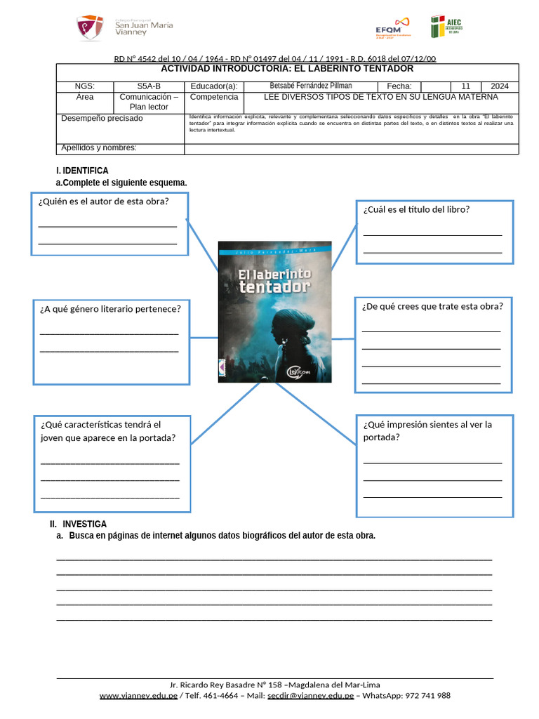 Actividad sobre "El laberinto tentador" | PDF | Escritura ...