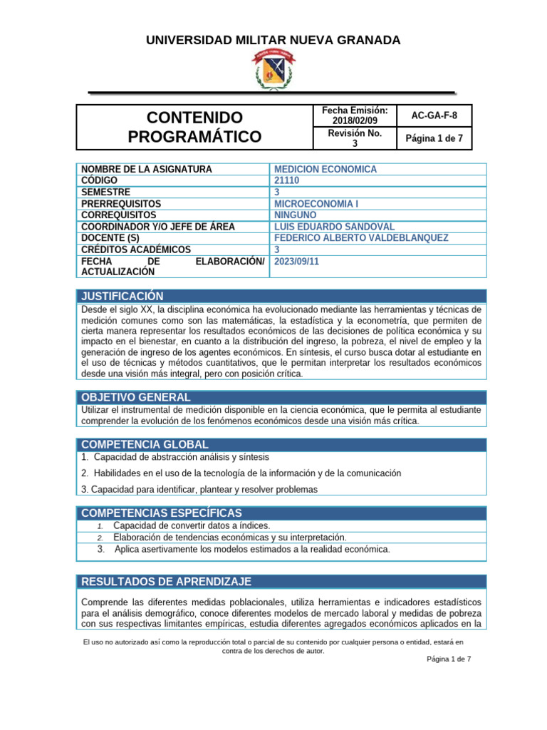 2025-1 Medición Económica Contenido Programatico | PDF | Estadísticas | Pobreza