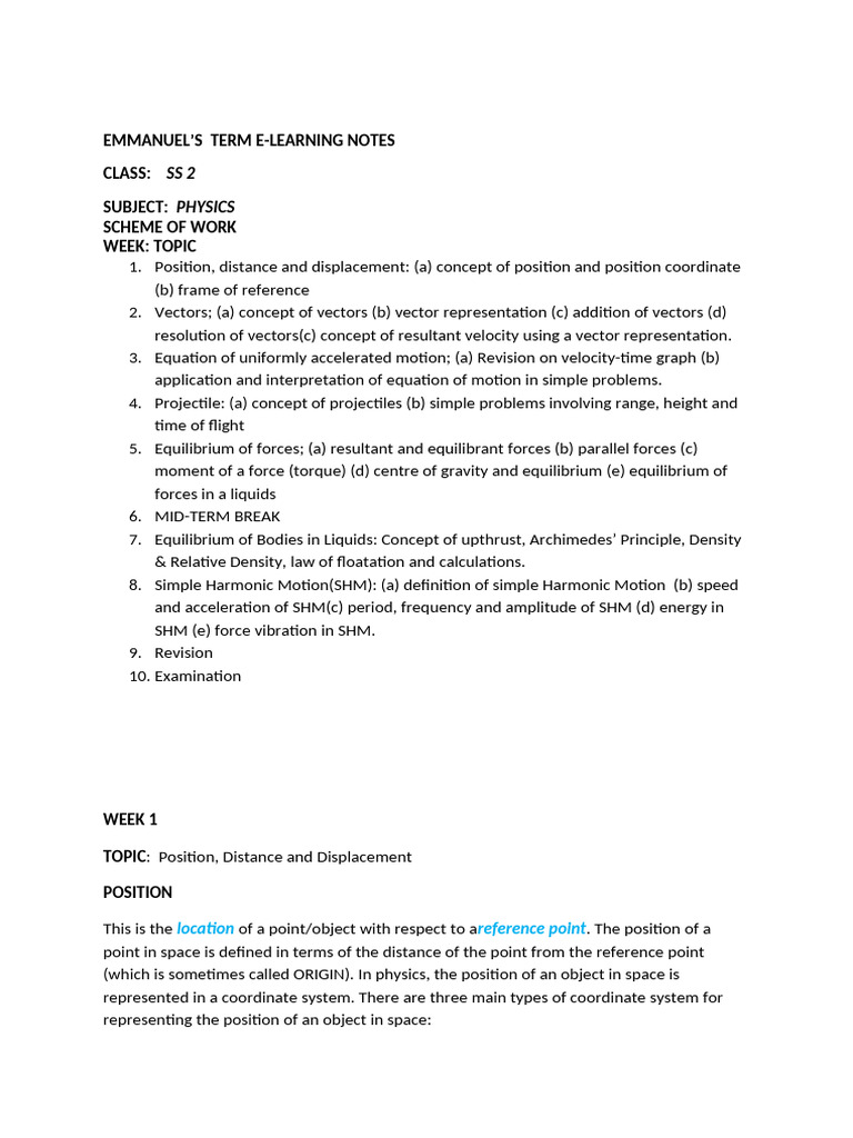 SS2 Physics E-Learning Notes | PDF | Cartesian Coordinate System | Buoyancy