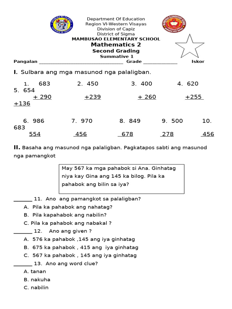 2nd Grading1st Sum in Math New Normal | PDF