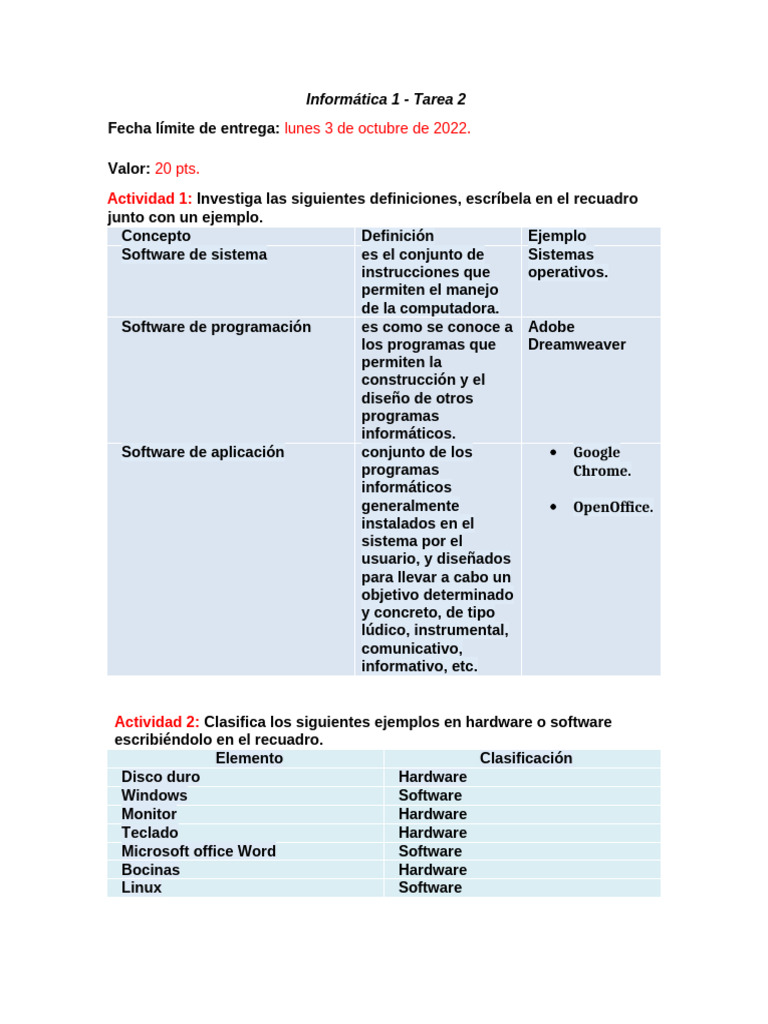 Tarea 2 y 3 - Informatica 1 | PDF | Hardware de la computadora | Software