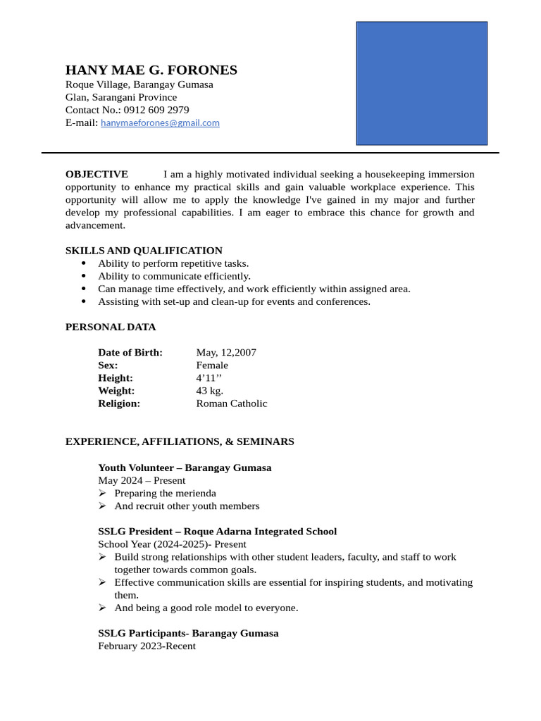 Forones-H, Sample Resume | PDF | Behavior Modification | Cognition