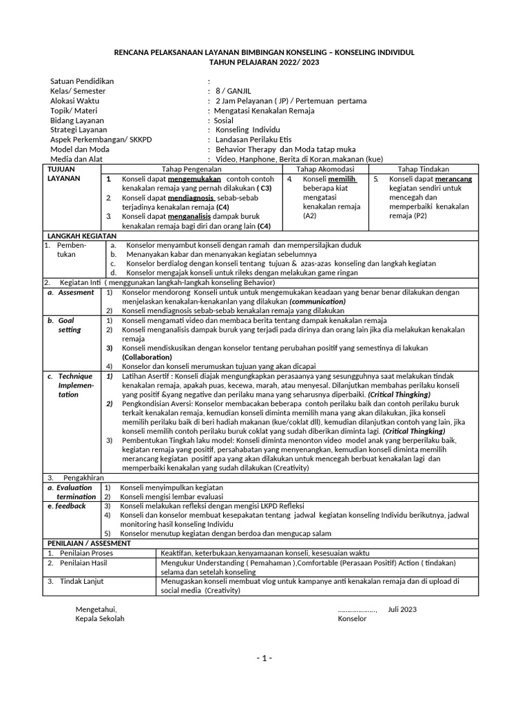 RPL BK - Konseling Individu | PDF