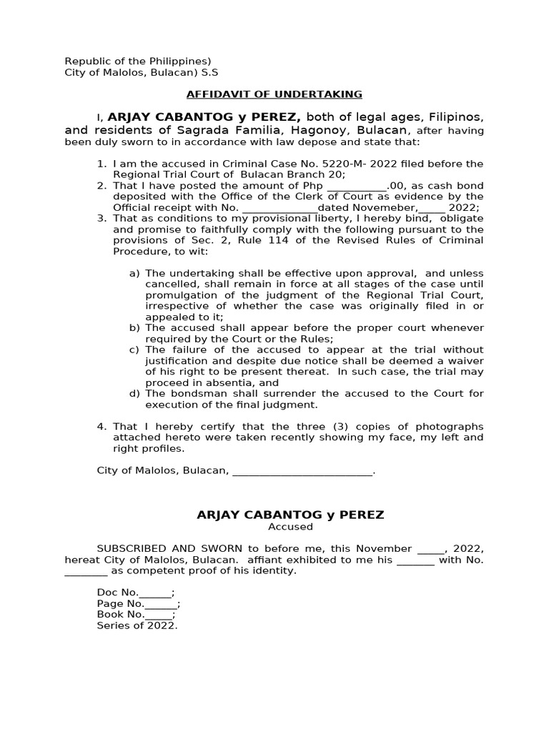 Affidavit of Undertaking Cash Bond | PDF
