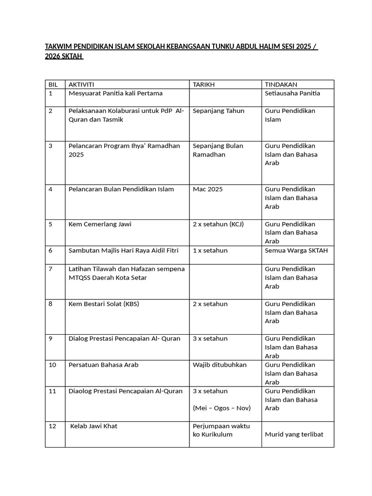 Takwim Pendidikan Islam 2024 | PDF