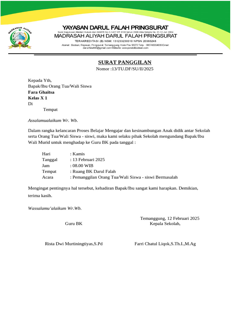 Surat Pangilan Fara 13 | PDF