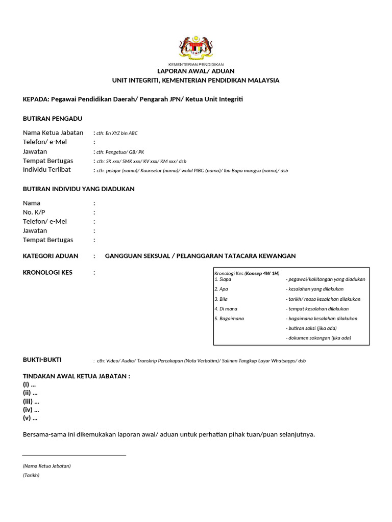 Lampiran IA - Laporan Awal Aduan - No Sulit | PDF
