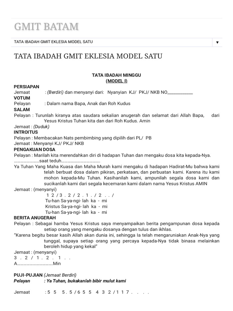 GMIT BATAM _ TATA IBADAH GMIT EKLESIA MODEL SATU | PDF