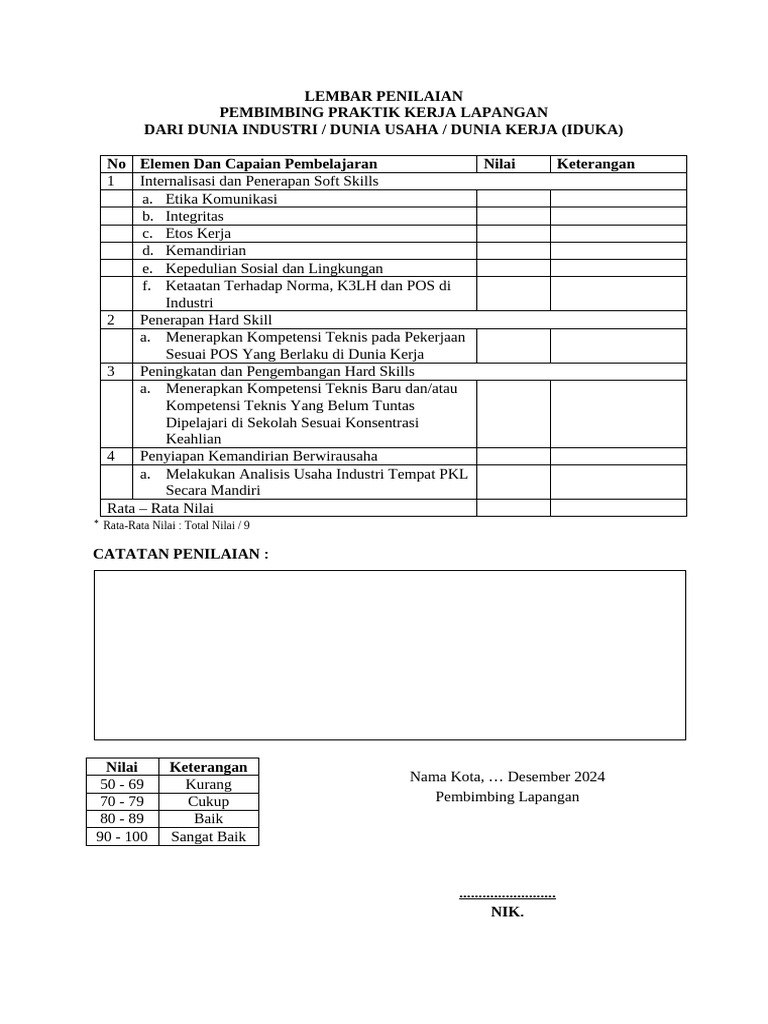 Lembar Penilaian PKL Lengkap | PDF