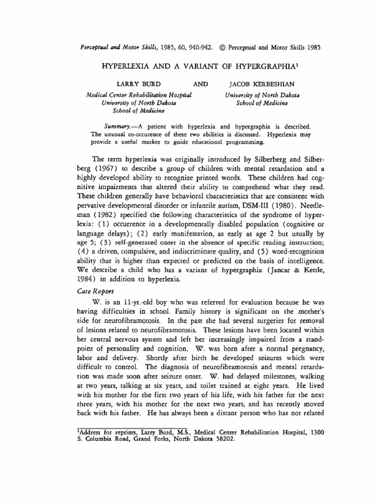 Hyperlexia and Hypergraphia Case Study | PDF | Intellectual Disability ...
