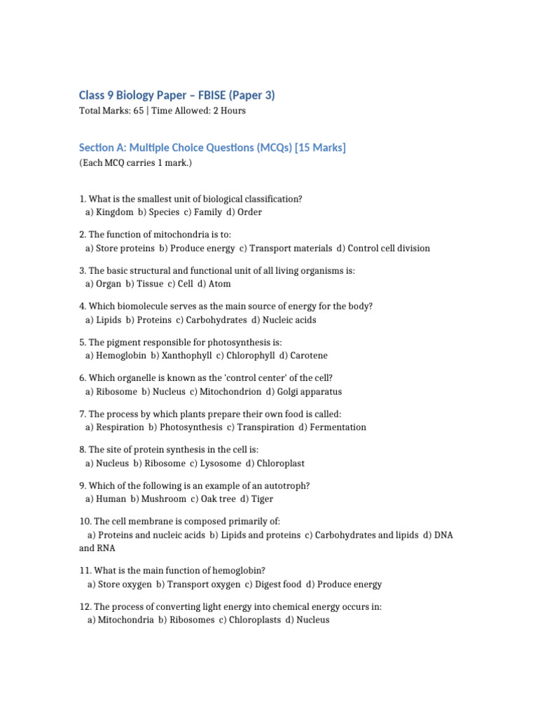 Class 9 Biology Exam Paper Overview | PDF | Cell (Biology) | Biology