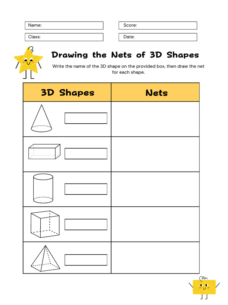 Drawing the Nets of 3D Shapes Worksheet in Yellow and Red Printable ...