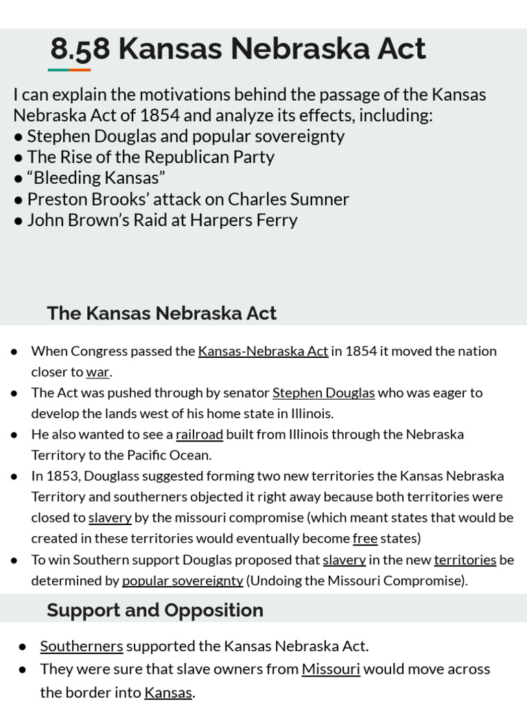 Kansas-Nebraska Act: Causes & Consequences | PDF | Society Of The ...
