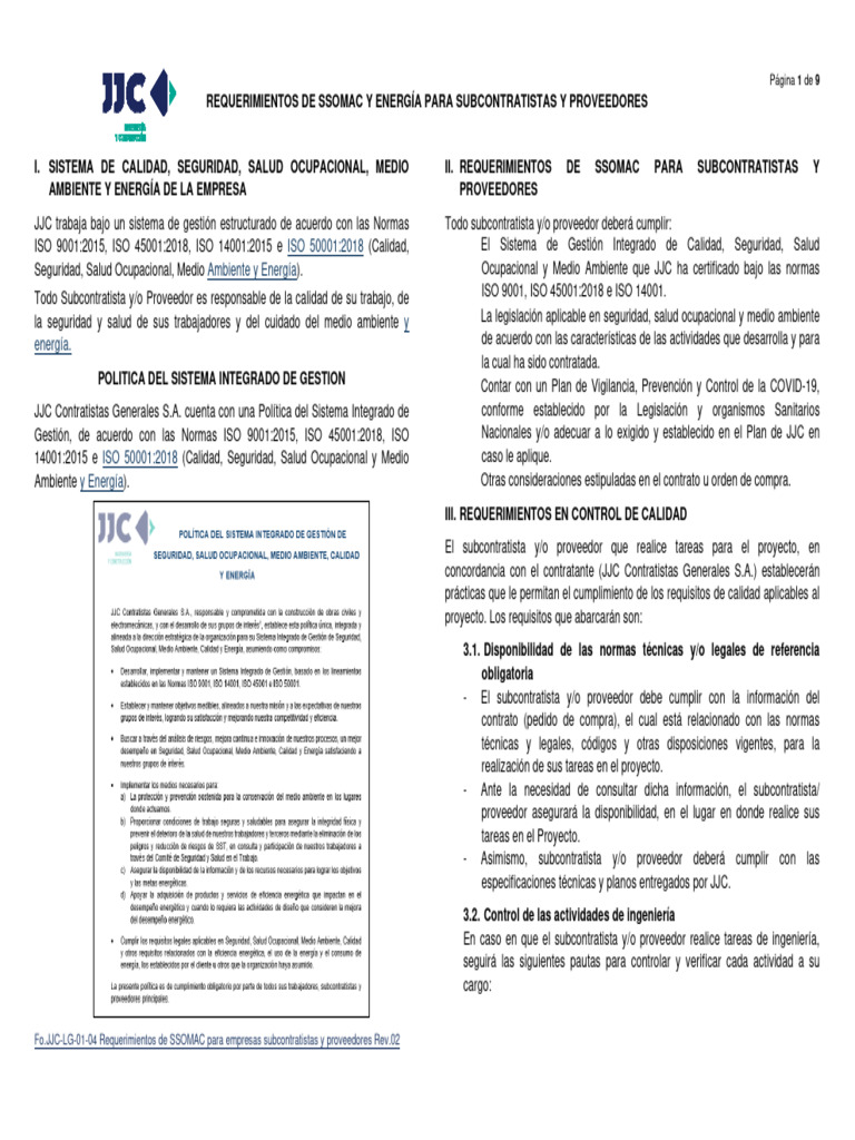 04.+P 1001 JJC-LG-01-04 Req SSOMAC | PDF | Calidad (comercial) | Seguridad y salud ocupacional