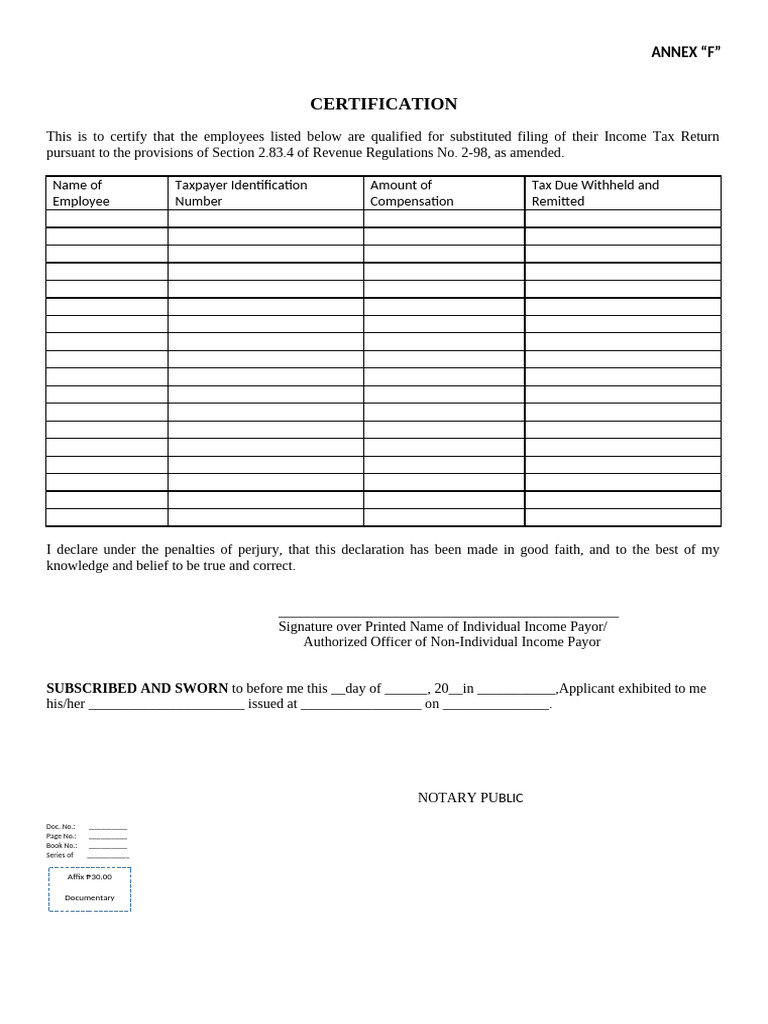 Annex F - Certification Attachment To Form 2316 | PDF