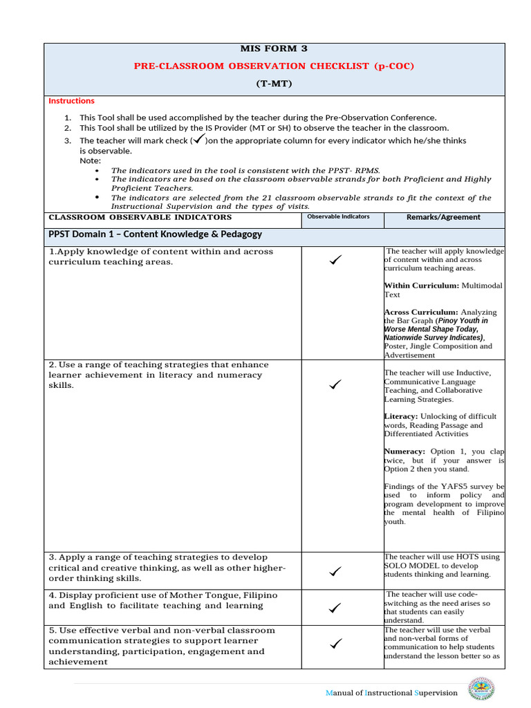 Labid Annex 3 Mis Form 3 Pre Classroom Observation Checklist P Coc ...