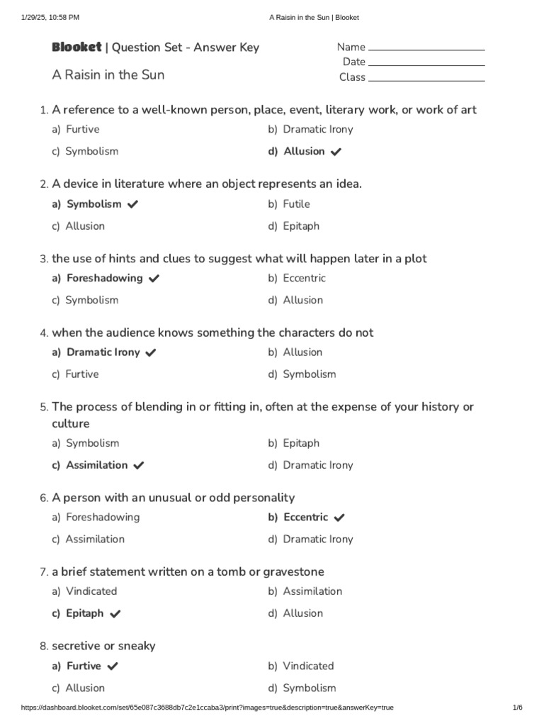 A Raisin in the Sun: Quiz Answers | PDF