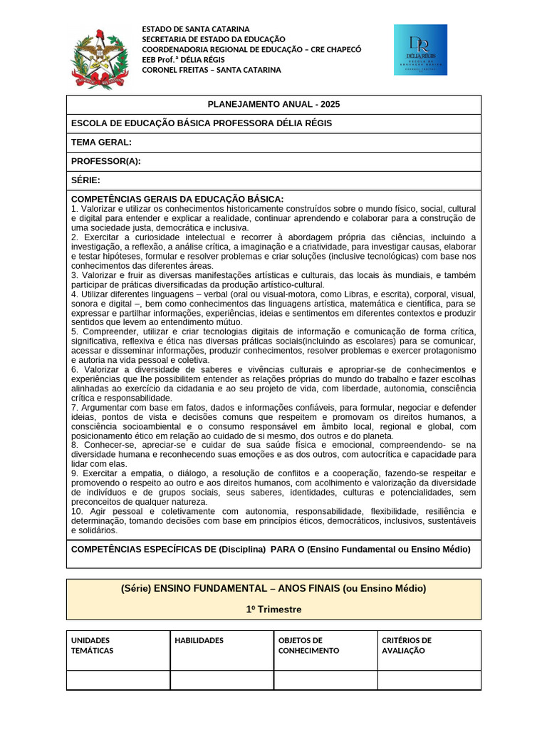 Planejamento Anual 2025 - EEB Délia Régis | PDF | Science