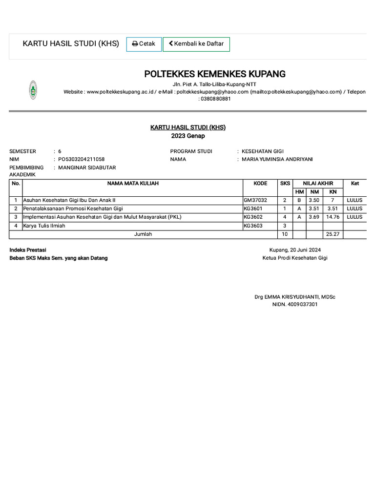 Kartu Hasil Studi (KHS) Sem 6 | PDF