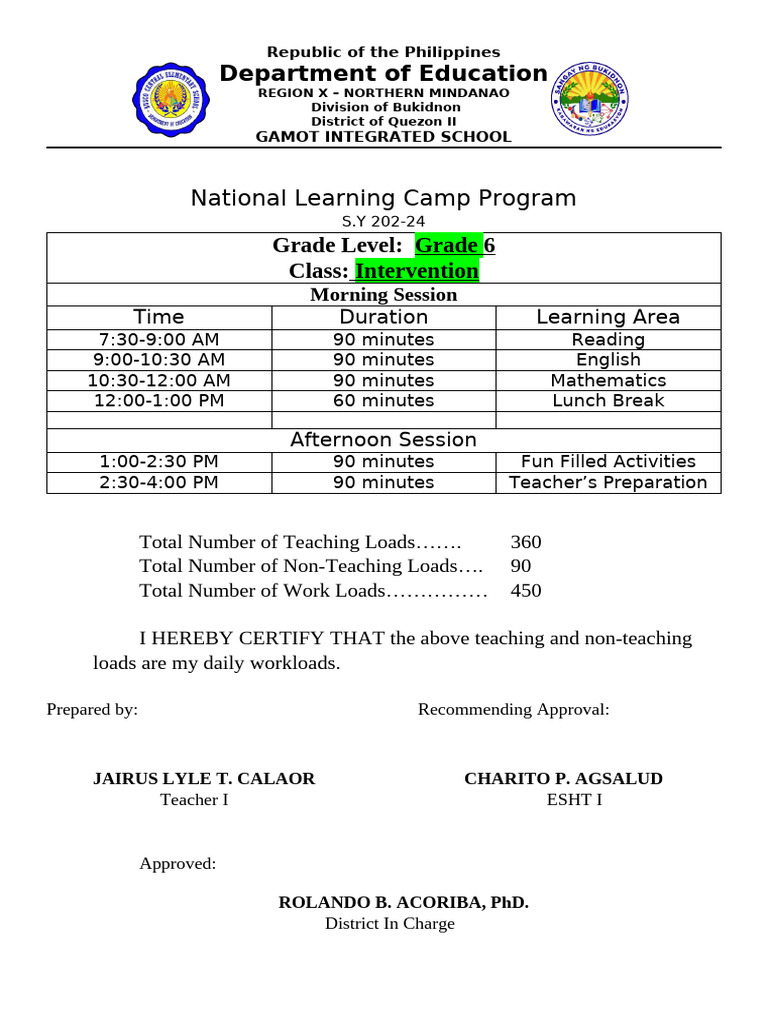Grade 6 National Learning Camp Schedule | PDF