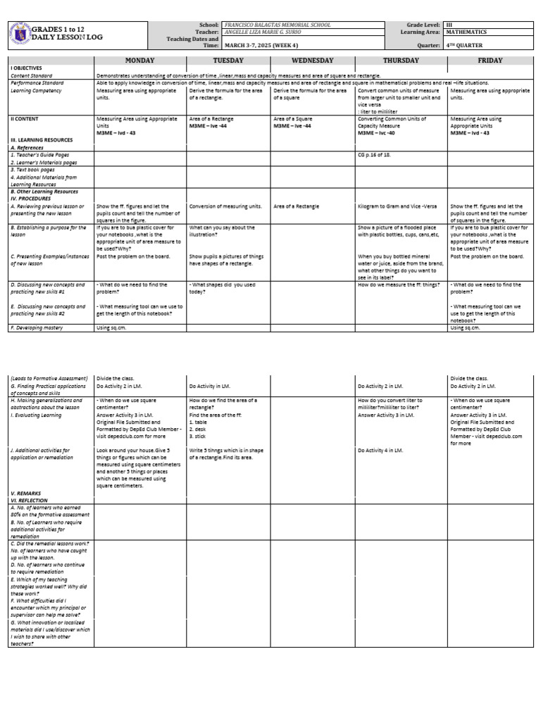 DLL_MATHEMATICS 3_Q4_W4 | PDF | Area | Learning