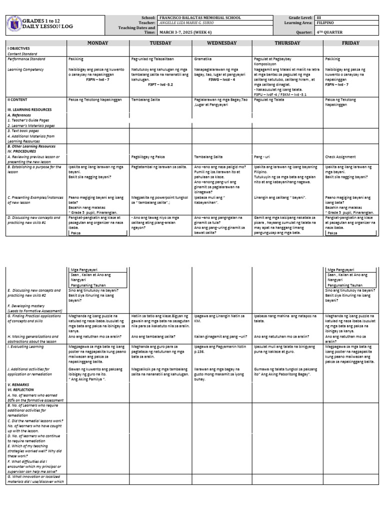 DLL - Filipino 3 - Q4 - W4 | PDF