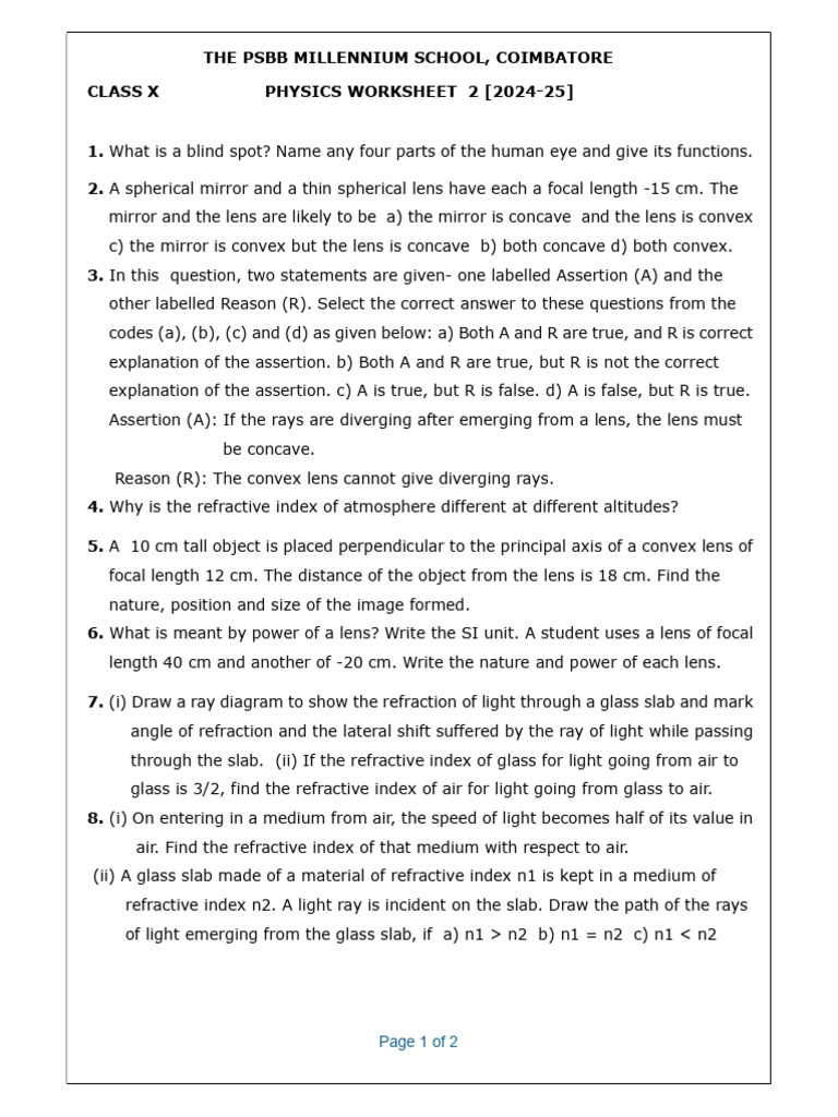 X STD Physics Worksheet 2 2024-251719632204 | PDF | Refraction | Light