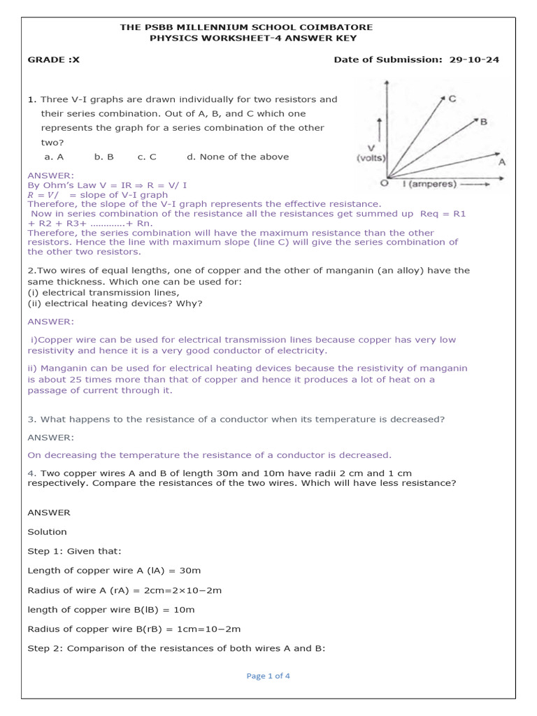 X_std_Physics_WS-4_Answer_Key_2024-251729939258 | PDF | Resistor | Electrical Conductor