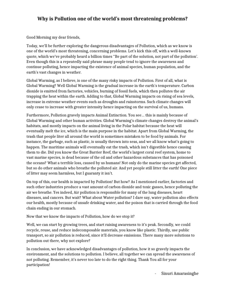 Pollution Speech by Sinuri (Updated Speech) | PDF | Climate Change ...