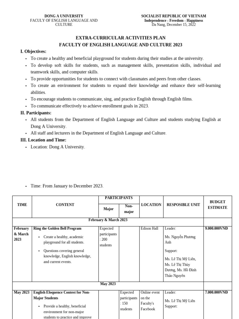 2023 Extracurricular Activities Plan | PDF