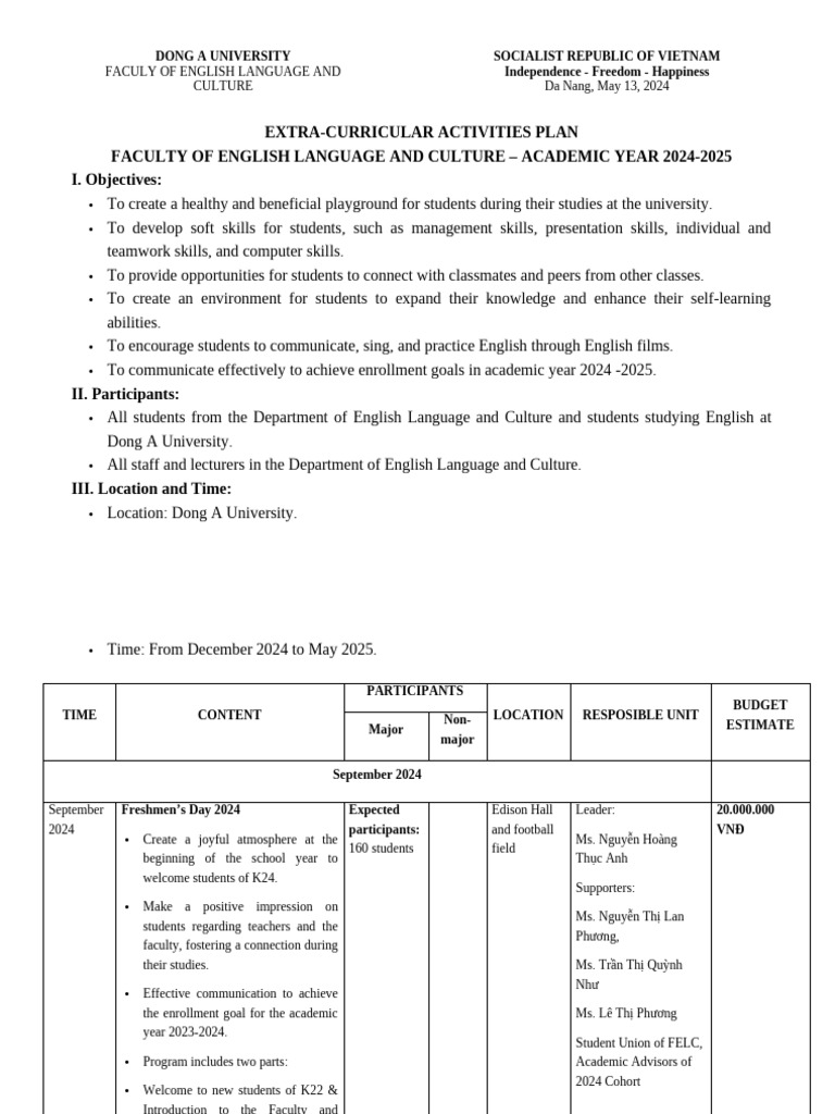 Extra-Curricular Activities Plan 2024 (Appendix) | PDF