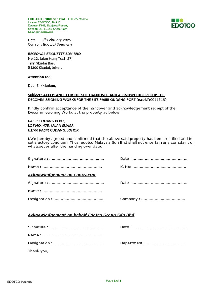 Acceptance For The Site Handover and Acknowledge 1 | PDF