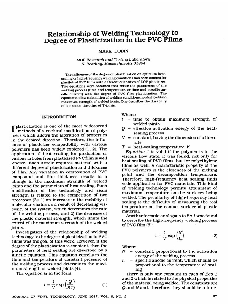1987-Relationship of Welding Technology to Degree of Plasticization in the PVC Films | PDF ...