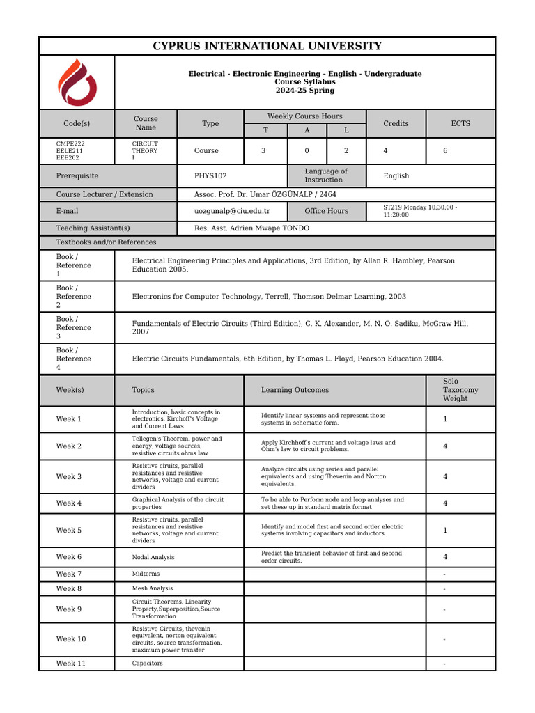 EELE211 GR01 (136836) Syllabus | PDF | Electrical Network | Engineering