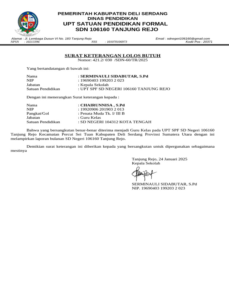 Surat Keterangan Pindah Siswa SDN 106160 | PDF