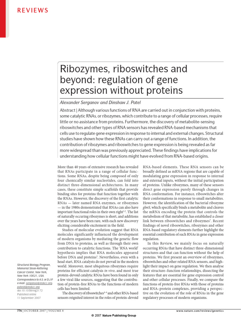 RNA Catalysts: Ribozymes and Riboswitches | PDF | Rna | Rna Splicing