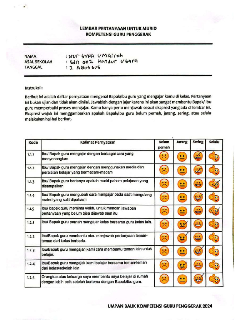 Lembar Kuisioner Murid 1 (Nony Wihdati R) | PDF