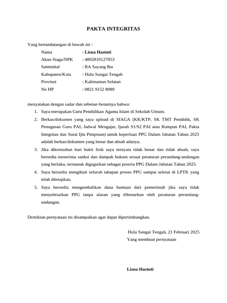 Pakta Integritas Ibu Lisna | PDF