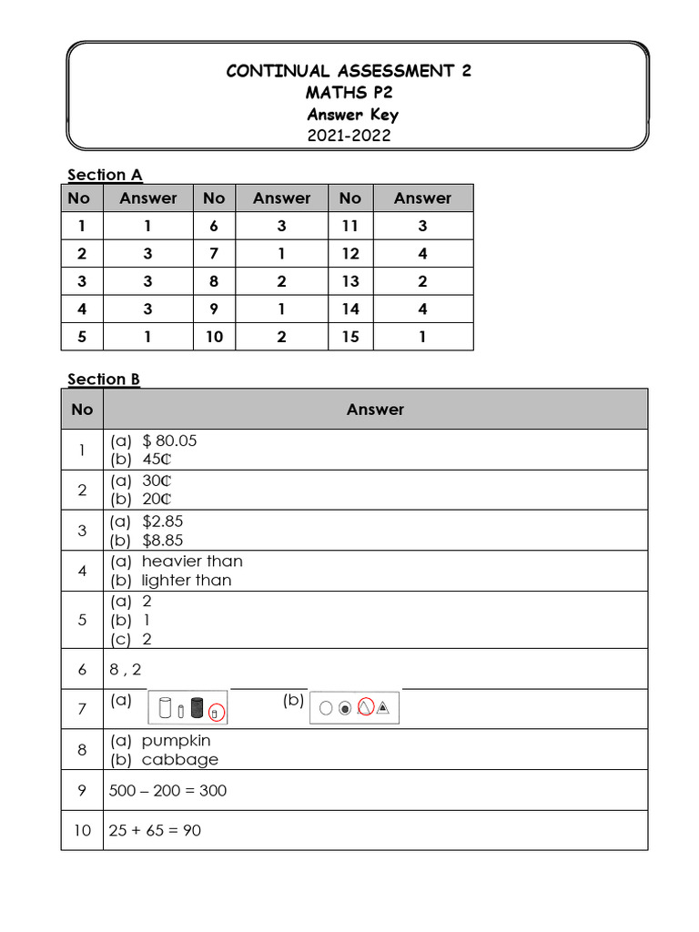 Answer Key P2 Maths Ca2 2021 - 2022 | PDF