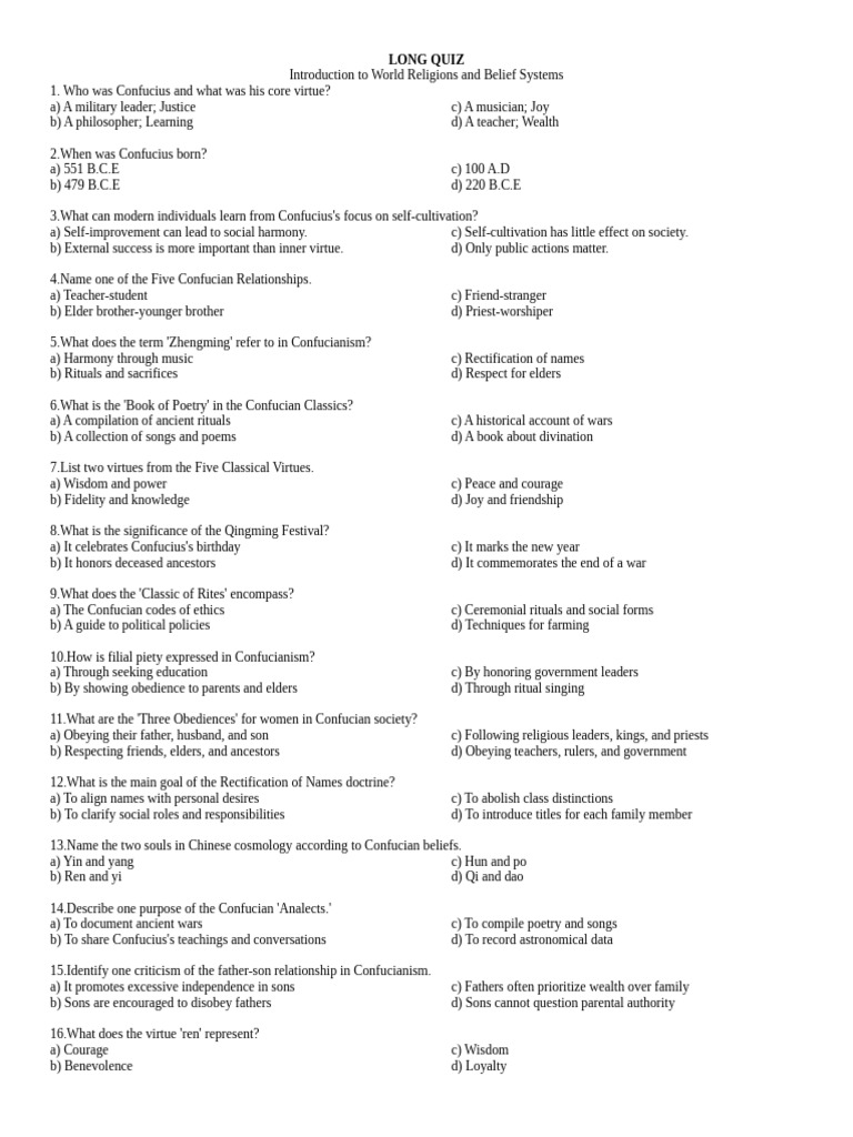 Long Quiz Taoism | PDF | Confucianism | Confucius