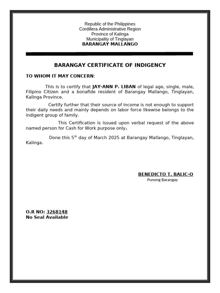 Indigency Certificate for Jay-Ann Liban | PDF