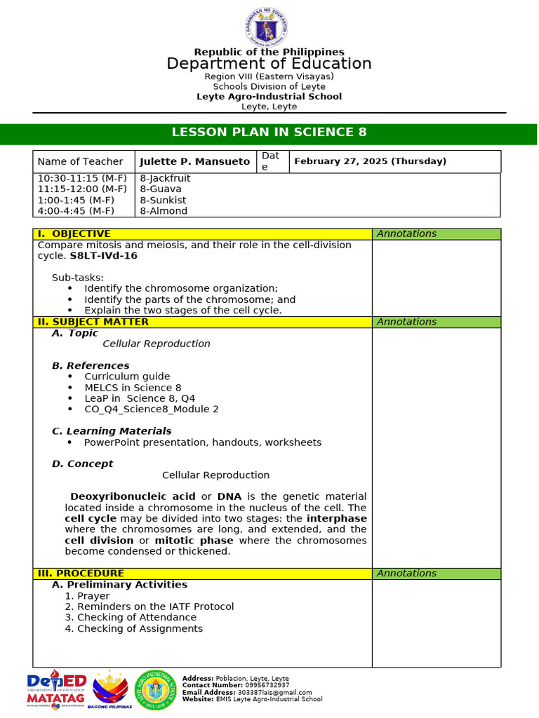 Science 8 Lesson Plan: Cellular Reproduction | PDF | Chromosome | Mitosis
