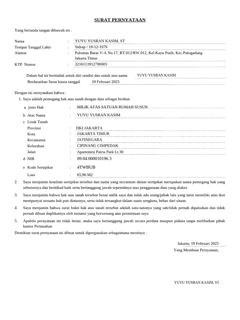Surat Pernyataan Yuyun | PDF