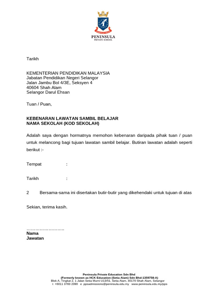 Contoh - Kebenaran Lawatan Sambil Belajar | PDF
