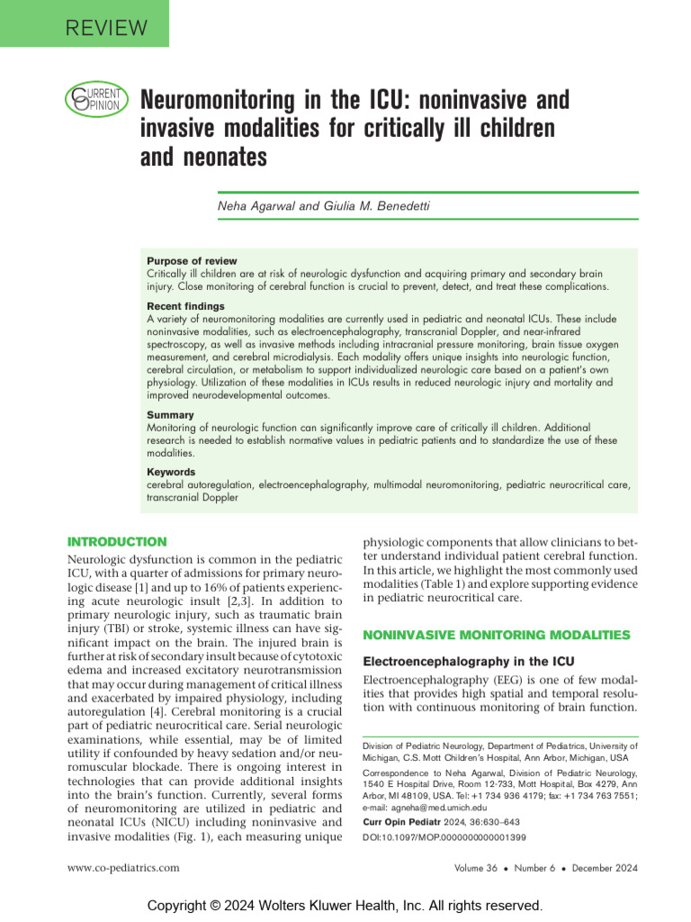 Neuromonitoring in The ICU Noninvasive and Invasive Modalities For ...