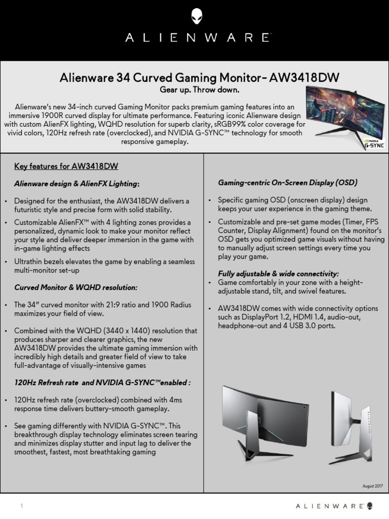 Sales and Spec Sheet - Alienware 34 Curved Gaming Monitor - Aw 3418dw ...