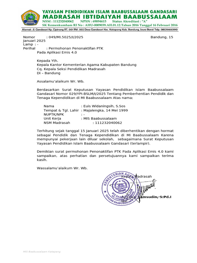 Surat Penonaktifan PTK di Emis 2025 | PDF