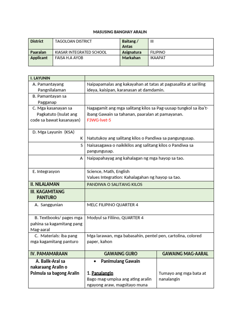 Masusing Banghay Aralin | PDF